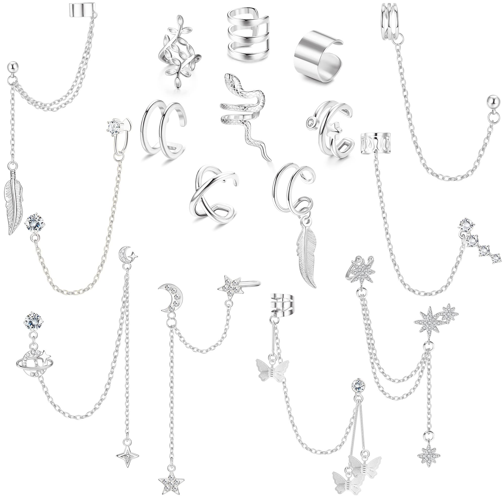 Jstyle 16 Pcs Ear Cuff Earrings for Women Cuff Chain Earrings Helix Cartilage Non Piercing Earring Silver Tone