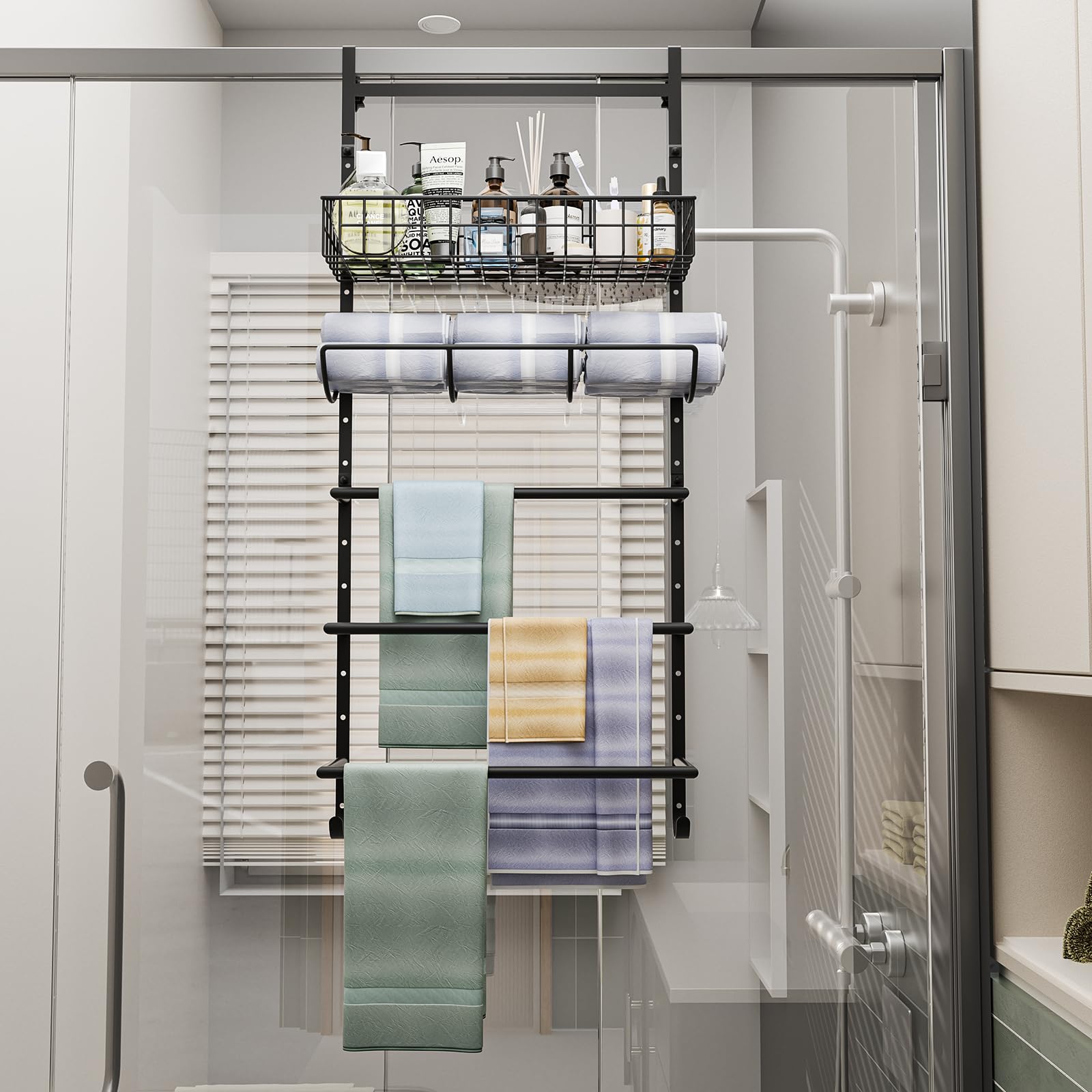 X-cosrack Adjustable Towel Racks for Bathroom Door Hanging, 5 Tiers Over The Door Towel Rack with Hooks, Bathroom Towel Holder Wall Mount for organizing Towels,Clothes