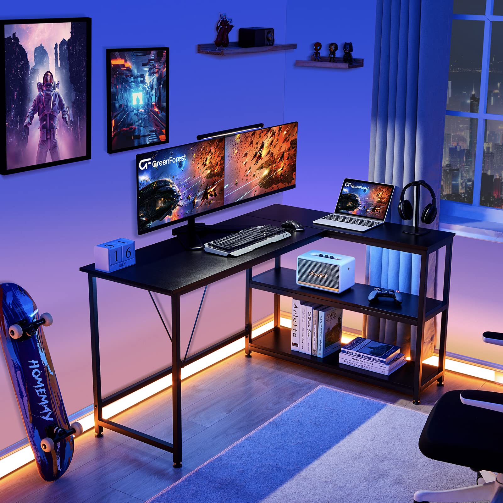 GreenForest Large L Shaped Gaming Desk 55x39.4 inch Reversible Corner Computer Desk with Storage Shelves for Home Office PC Workstation Laptop Table, Black