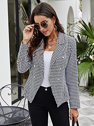 SheIn Women's Houndstooth Long Sleeve Lapel Collar Double Breasted Blazer Jacket Black and White Large