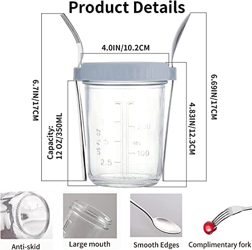 P&Y Overnight Oats Containers with Lids, 12 Oz Glass with Spoons for Mason Overnight Oats Jars, Oatmeal Container with Letter Silicone Label for Cereal Yogurt Fruit (Gray K Forks, 2Pack) (YMB New)