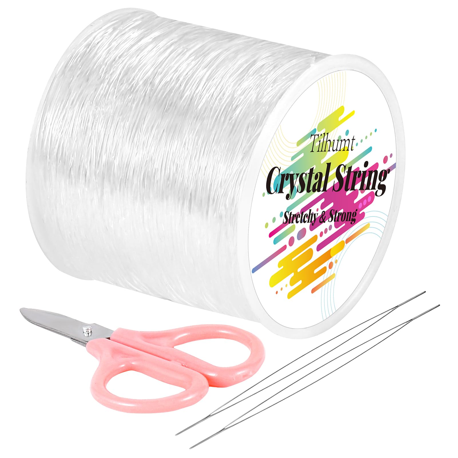 Tilhumt 1mm Elastic String, 328Feet Stretchy Bracelet Crystal String with 2 Beading Needles and 1 Scissors for Beading and Jewelry Making