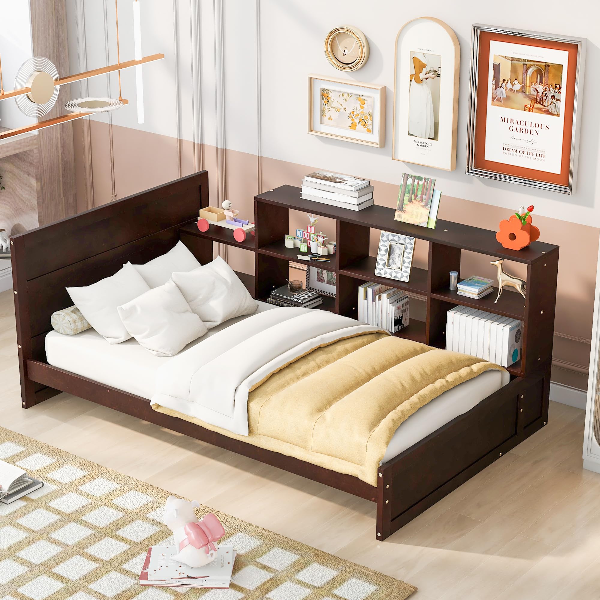 GLORHOME Twin Size Platform Bed with Storage Drawers and Shelves,Wood Bed Frame for Bedroom