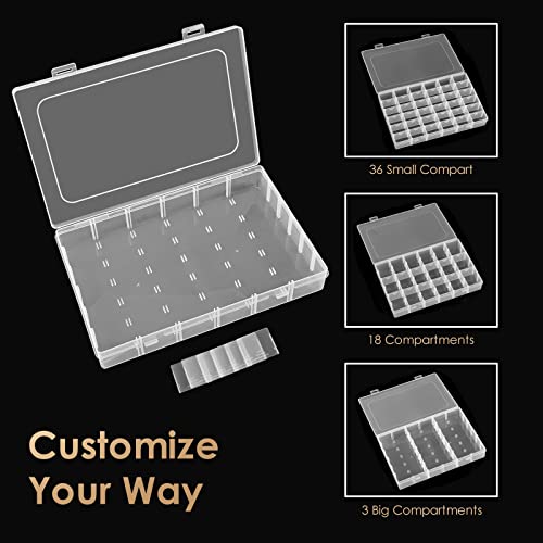 QUEFE 5 Pack 36 Grids Clear Plastic Organizer Storage Box Container, Craft Storage with Adjustable Dividers for Beads, Art DIY, Crafts, Jewelry, Fishing Tackle with Label Stickers