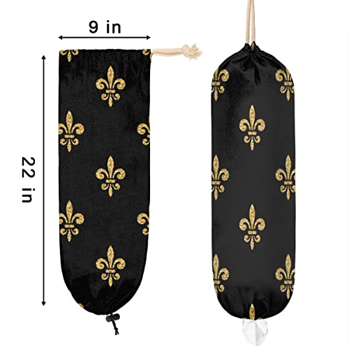Plastic Bag Holder Golden Fleur De Lis Pattern Wall Mount Grocery Bag Holder Washable Plastic Bag Dispenser Garbage Bag Organizer for Home Kitchen Decor, Gifts for Women Mom Family Friends