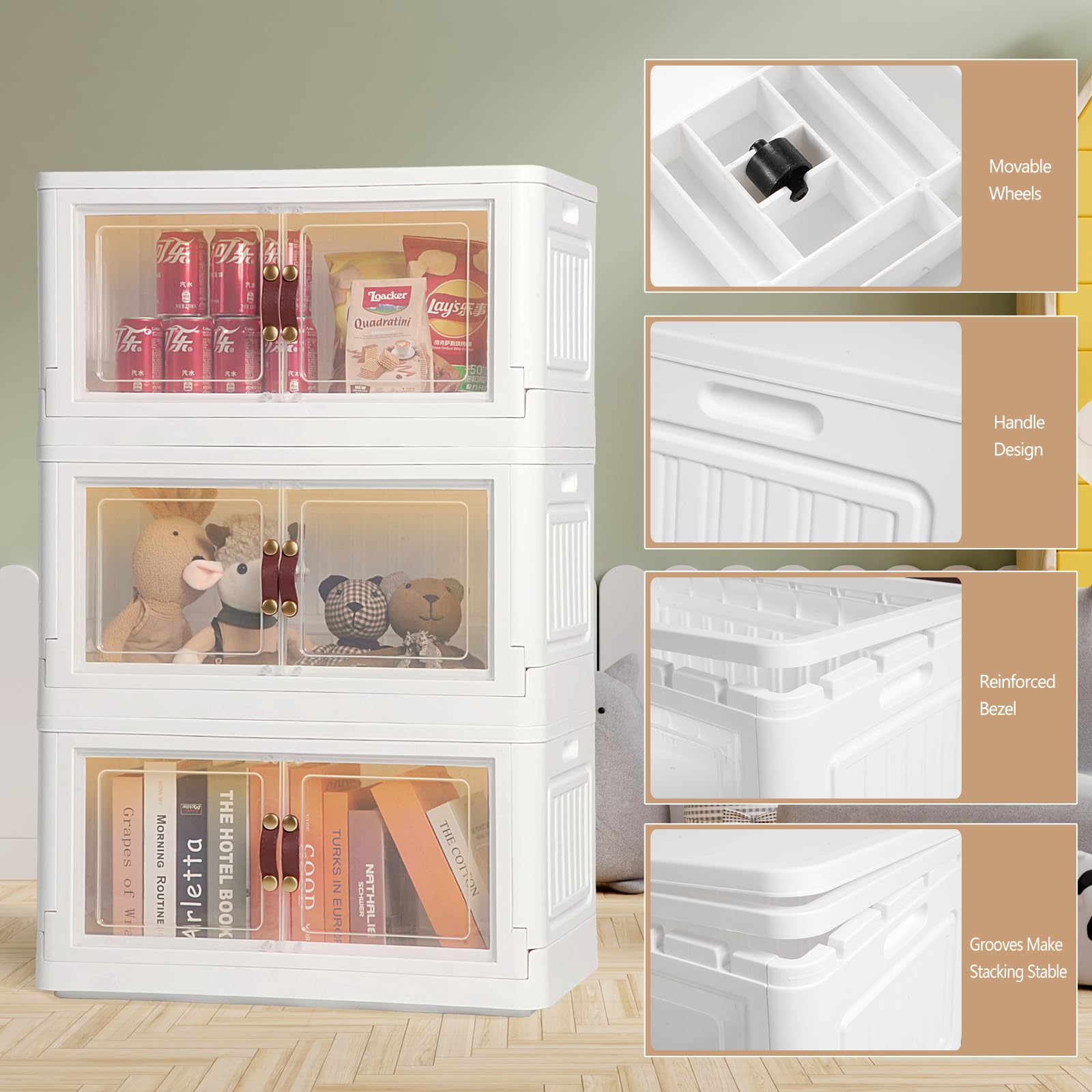 Storage Bins with Lids, Large Closet Organizers and Storage, 20 Gal Plastic Collapsible Storage Bins with Wheels, 4 Pack Double Door Clear White Stackable Storage Bins, Crate for Book