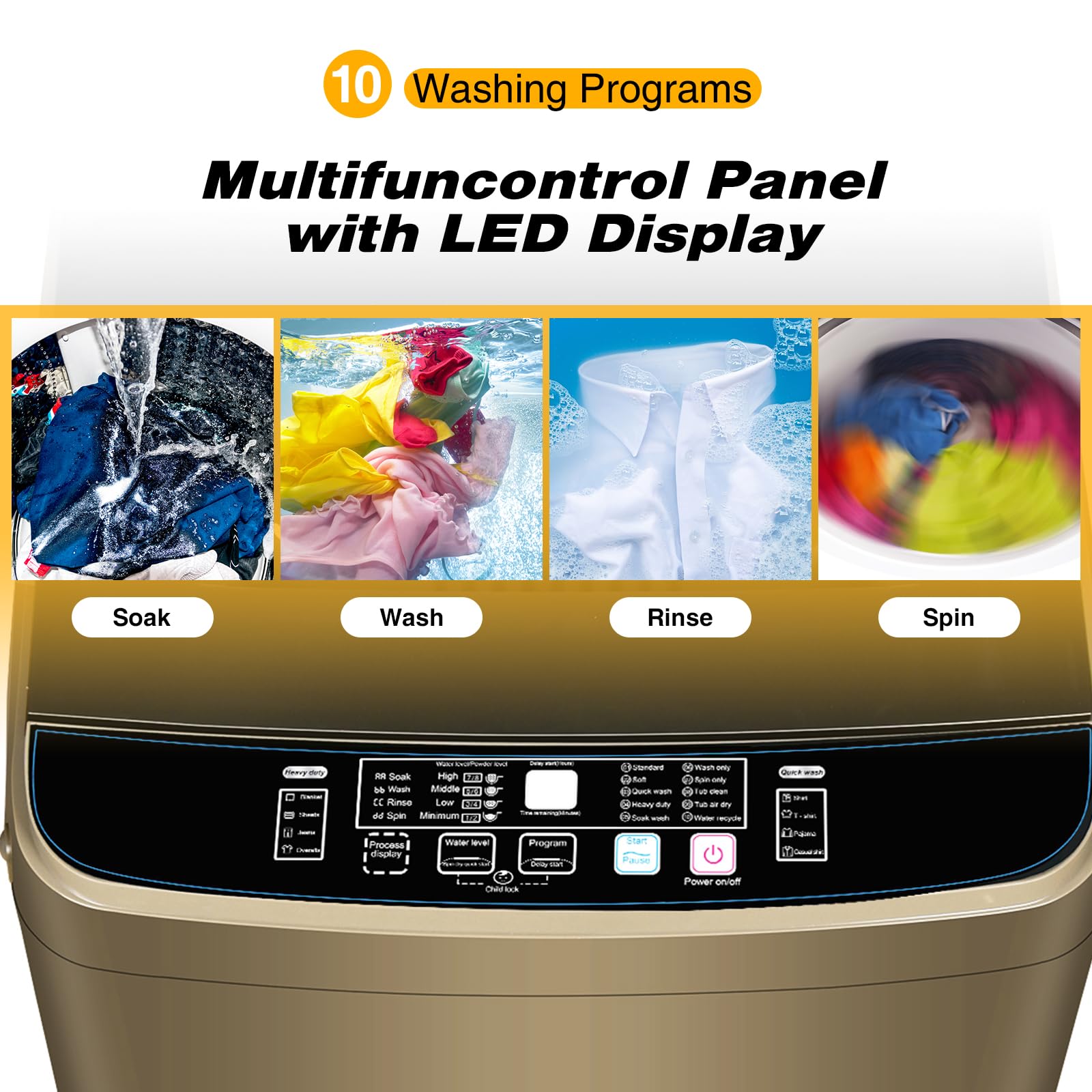 rosmena Portable Washing Machine, 25 LBS Full Automatic Apartment Washer with 10 Programs & 8 Water Levels, Low Noise Clothes Washing Machines with LED Display for Camping, Apartment(Gold)
