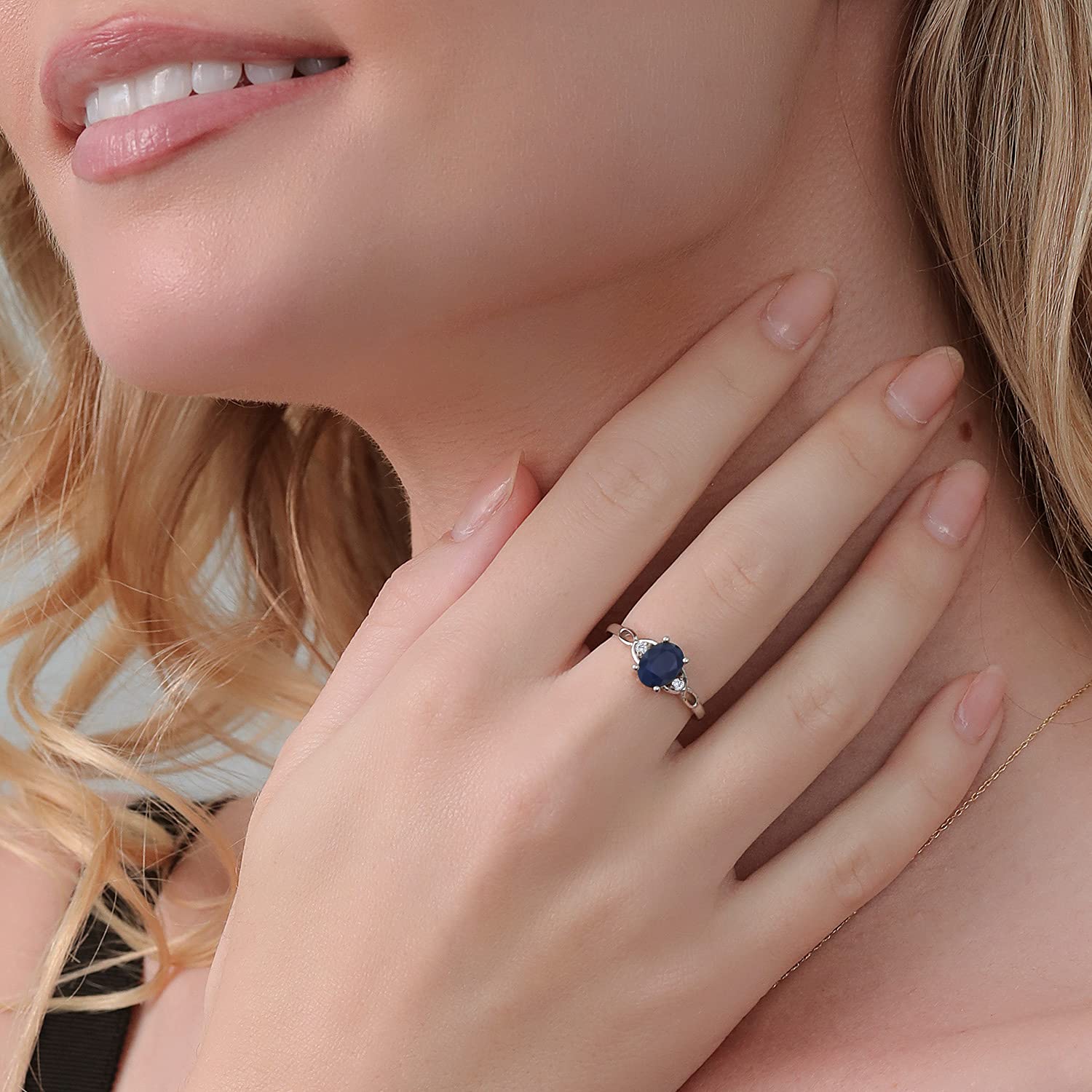 Gem Stone King 925 Sterling Silver Blue Sapphire and White Diamond Ring | 3-Stone Ring For Women | 1.87 Cttw | Gemstone September Birthstone | Oval 8X6MM | Available In Size 5, 6, 7, 8, 9