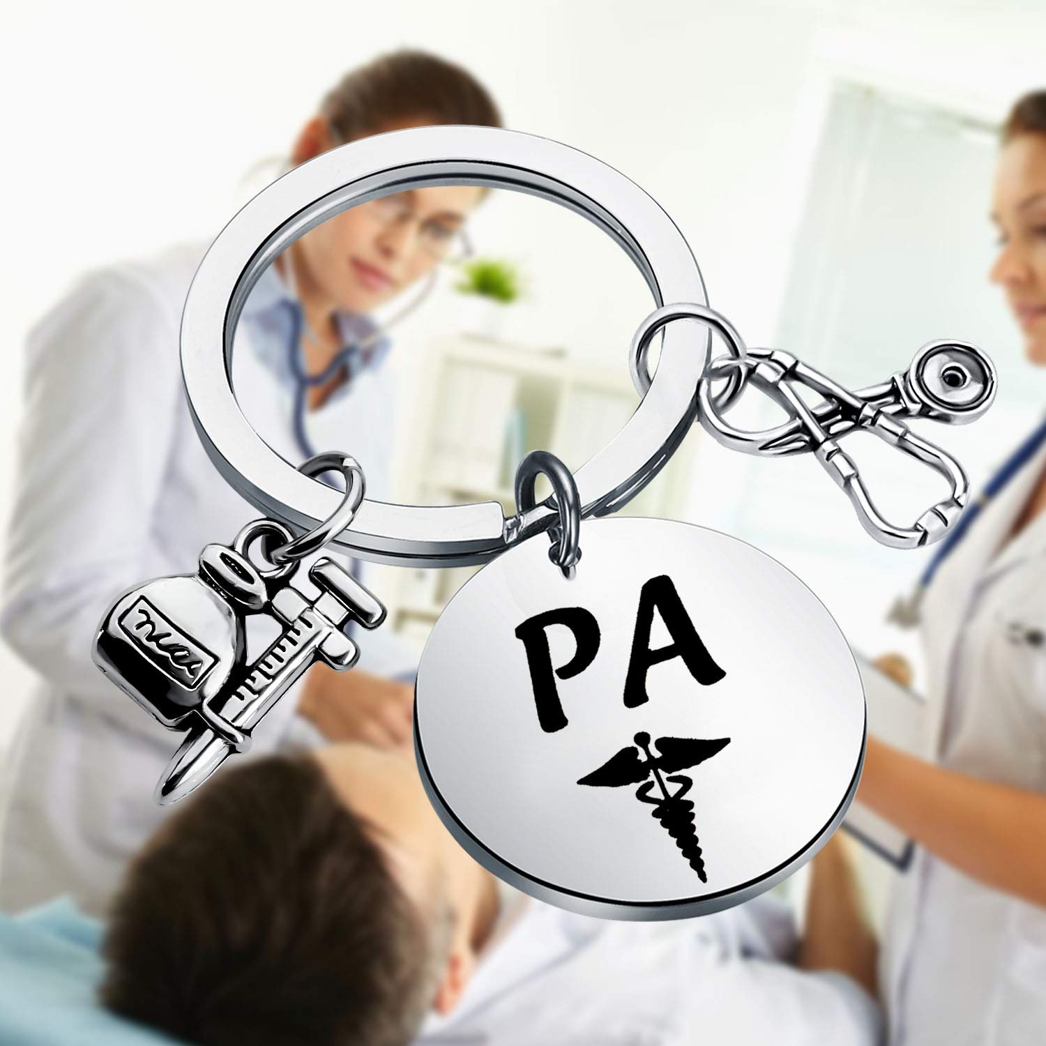 FUSTMW Physicians Assistant Gift PA Caduceus Keychain Stethoscope Charm Physician Assistant Key Ring Gifts for Doctor Nurse Medical School Graduation Gift (silver)