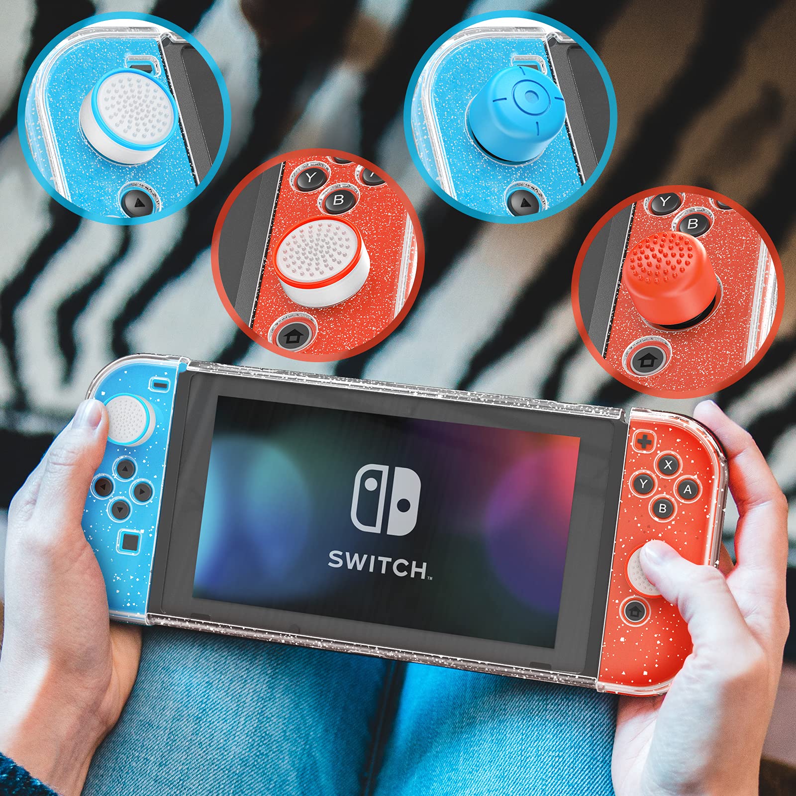 HEYSTOP Case Compatible with Nintendo Switch, Dockable Protective PC Cover Case for Nintendo Switch with Screen Protector and 4 Thumb Caps (Clear Glitter)
