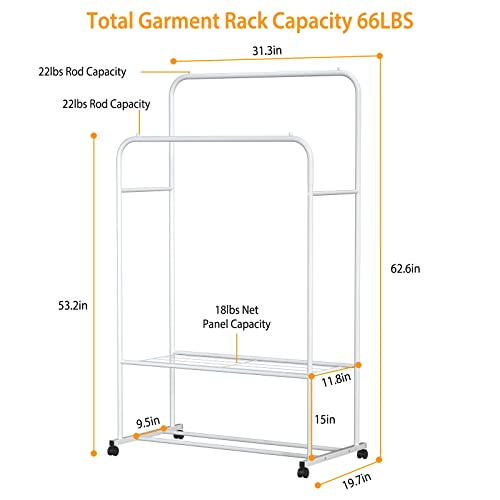 Moclever Clothing Rack with Wheels, Double Rod Garment Rack Rolling Rack for Indoor Bedroom Clothes Rack, Hanging Clothes, Storage Display, White