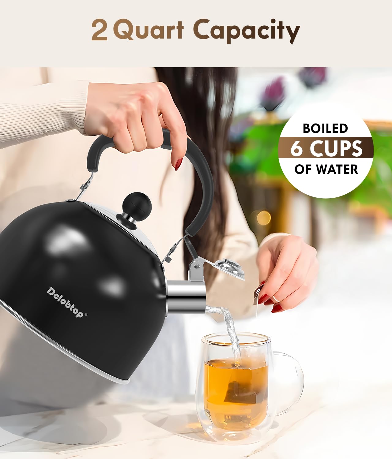 Tea Kettle for Stove Top - Stainless steel Teapot,2 Quart Camping Kettle, Efficient Heating, Audible Whistle, Safe Handle - Hot Water kettle & Tea Pot Stovetop (Silver)