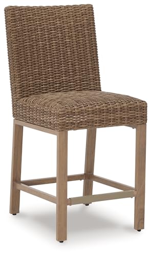Signature Design by Ashley Walton Bridge Casual Weather Resistant Armless Cushioned Indoor/Outdoor Bar Stool with Cushioned Seat, Set of 2, Light Brown