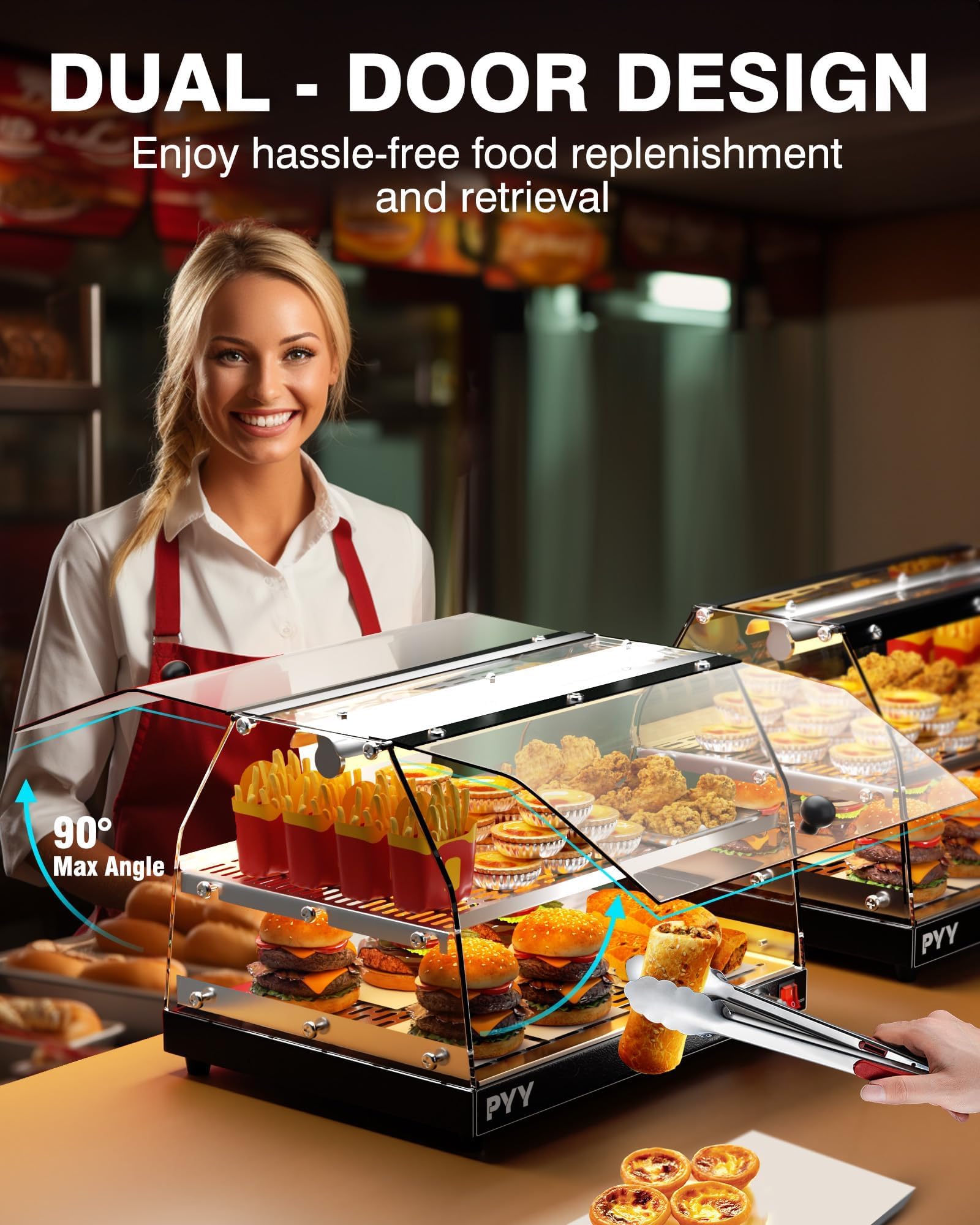 PYY Food Warmer Commercial Countertop Pizza Warmer Countertop 2-Tier with LED Lighting Food Display Warmer Pastry Disaplay Case Pretzel Warmer Machine