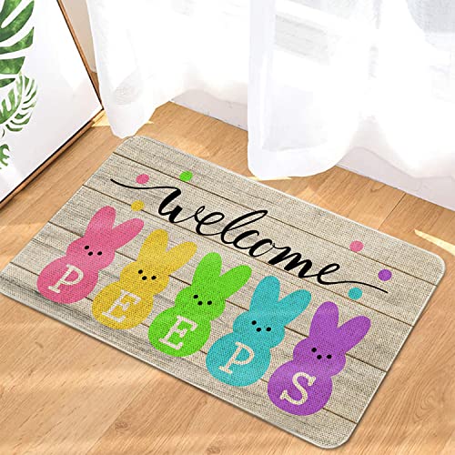 Roszwtit Easter Door Mat 30 X 17 Inch Easter Bunny Welcome Peeps Doormat Indoor Outdoor Entrance Floor Mat Non Slip Easter Decor Rubber Mats