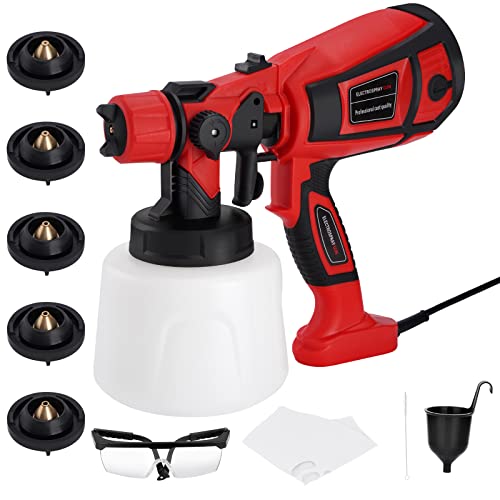Paint Sprayer 650W HVLP Electric Paint Spray Gunļ¼ with 5 Copper Nozzles & 3 Patterns, 1400ml Containerļ¼a Goggleļ¼A Pair of Glovesļ¼Spray Gun for House Painting, Fenceļ¼Furniture, Wall, DIY Works (RED)
