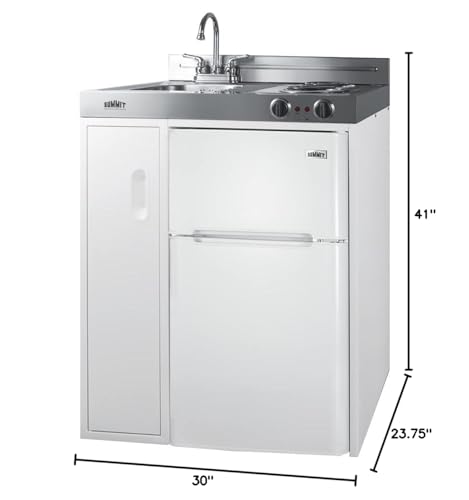Summit C30ELGLASS 30 Kitchenette with 2 Element Cooktop Refrigerator with Freezer Sink and Faucet in White