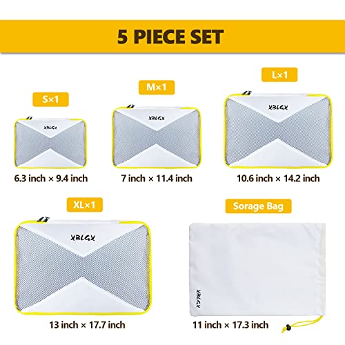 XBLGX Packing Cubes for Suitcases 5-Pcs Travel Luggage Packing Organizers Set with Laundry Bag & Shoe Bag(White/Yellow)