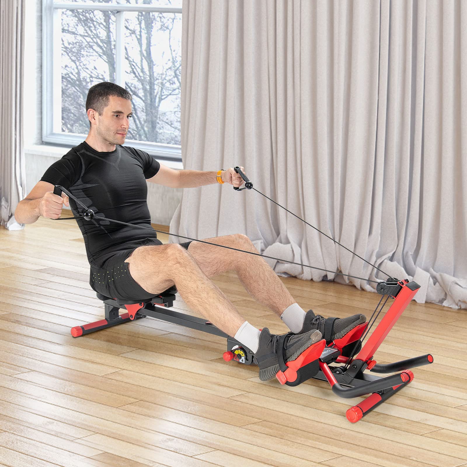 Goplus 4 in 1 Folding Rowing Machine, AB Crunch Workout Machine w/3-Level Angle & Adjustable Tension, Control Panel, Multi-function Rower AB Fitness Equipment for Home & Gym Use