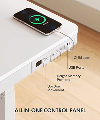 FLEXISPOT 55" White Electric Standing Desk with Drawers, Quick Assembly Home Office Sit Stand Desk with Storage, USB Charging, Computer Desk for Home Office (White Top + Adjustable Frame, Comhar)