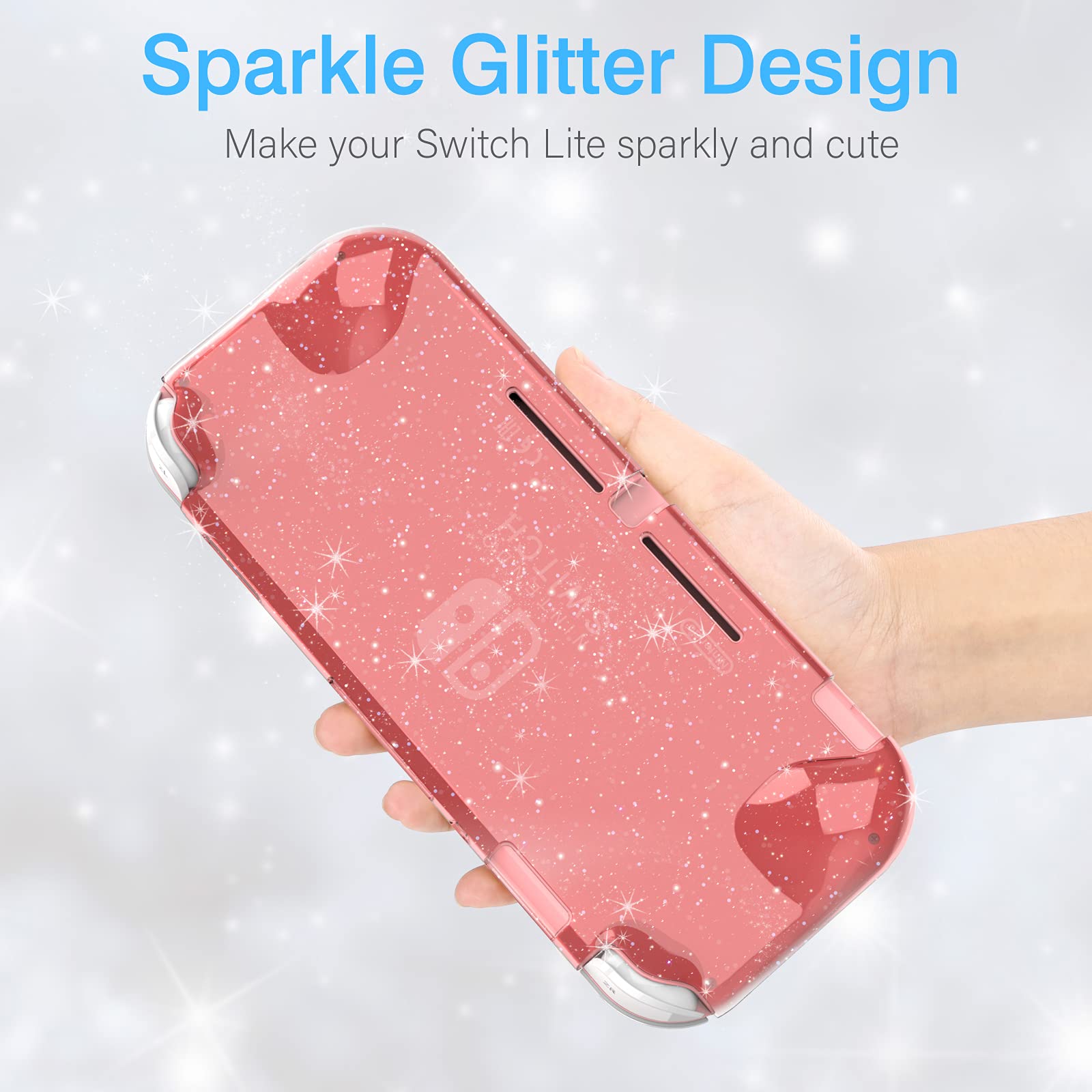 HEYSTOP Switch Lite Pink Cover Case for Girls, Glitter Bling TPU Protective Case with HD Tempered Glass Screen Protector and Thumb Grips with Shock-Absorption/Anti-Scratch Design - Glitter Bling