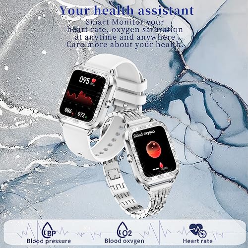 Smart Watch for Women Diamonds(Answer/Make Call),1.29''HD Touch Screen Smart Watch Android,Fitness Tracker with Heart Rate/Blood Oxygen/Sleep Monitor,Waterproof Smartwatch 3 Strap (Diamond Silver)
