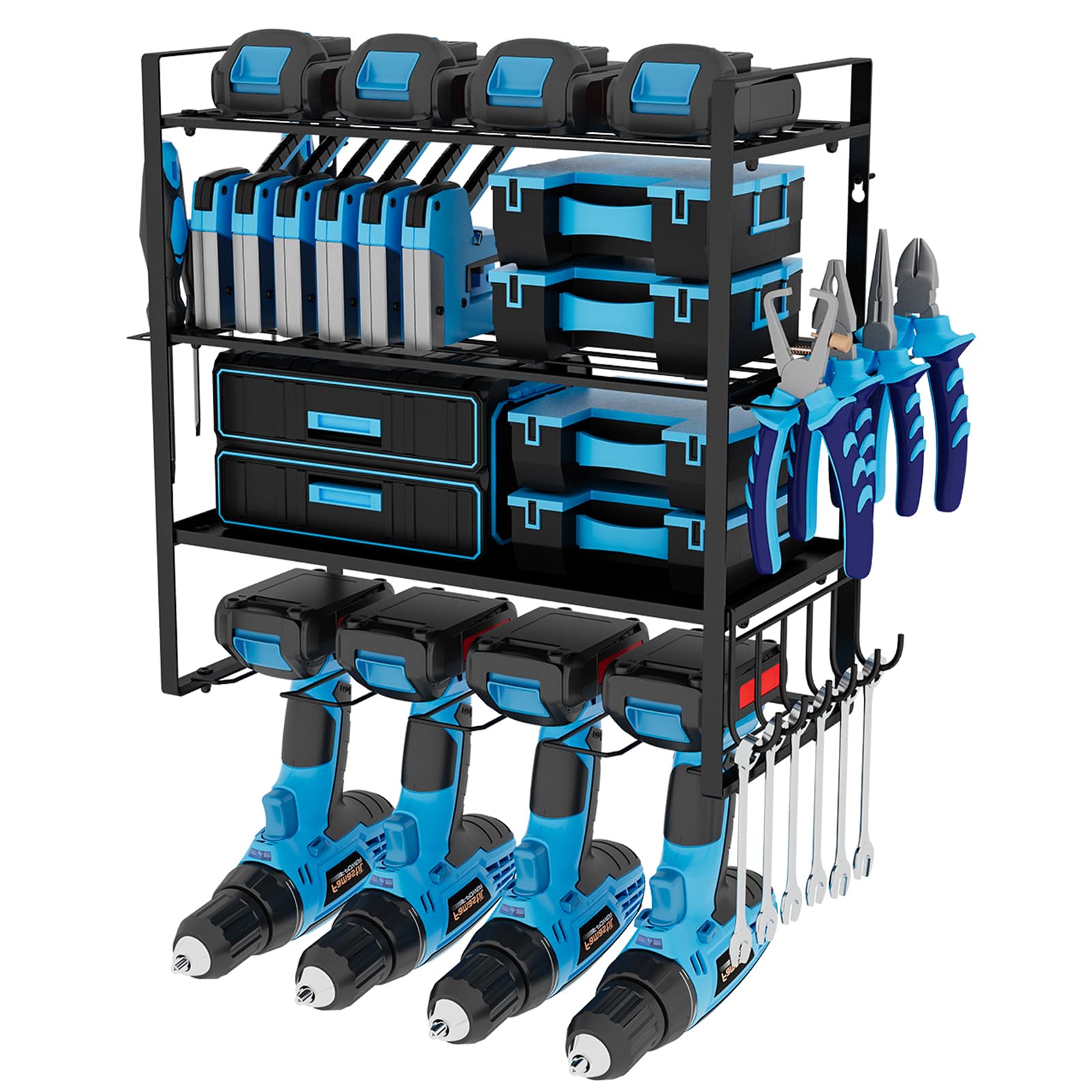Power Tool Organizer Wall Mount, 4 Drill Holder 4 Layers Garage Tool Organizers and Tool Storage Rack, Heavy Duty Metal Tool Shelf with Screwdriver Holder Plier Holder Hammer Holder