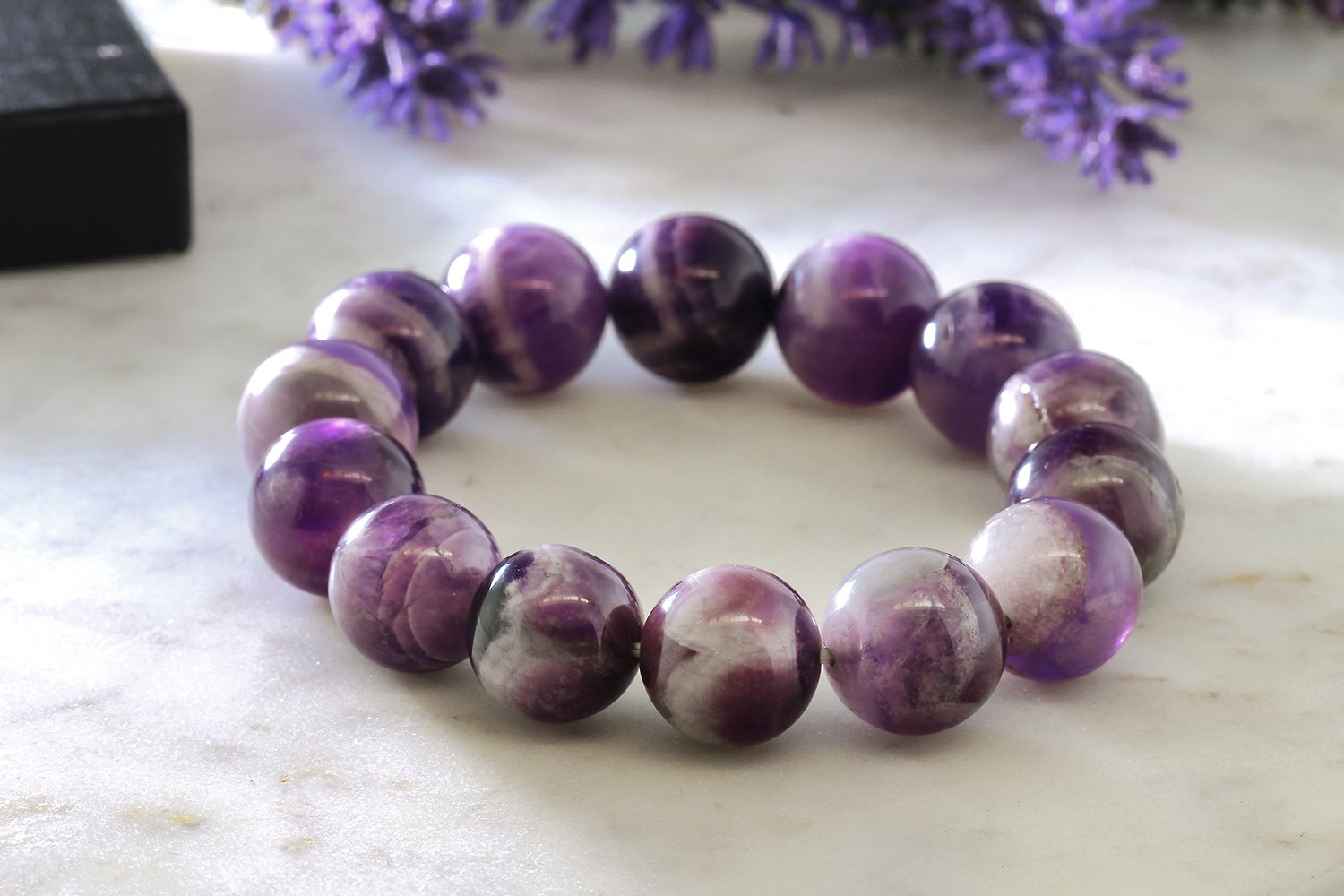 Gem Stone King Purple Amethyst Bead Gemstone Stretchy Bracelet For Women 8.5 Inch Round 16MM