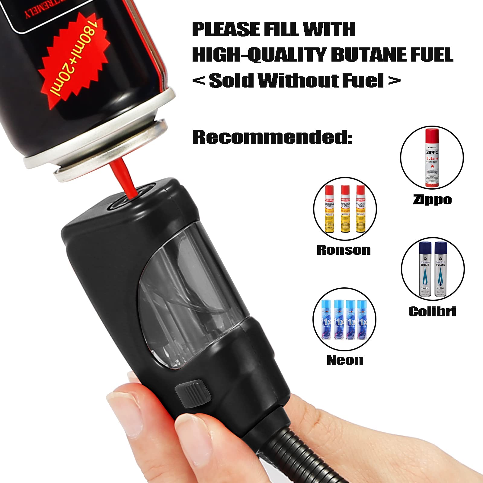 Futlidys Flexible Tube Torch Lighter with Flame Locking Function, Butane Lighter with Transparent Large Fuel Tank, Windproof Camping Lighter. Black(Sold without Gas)