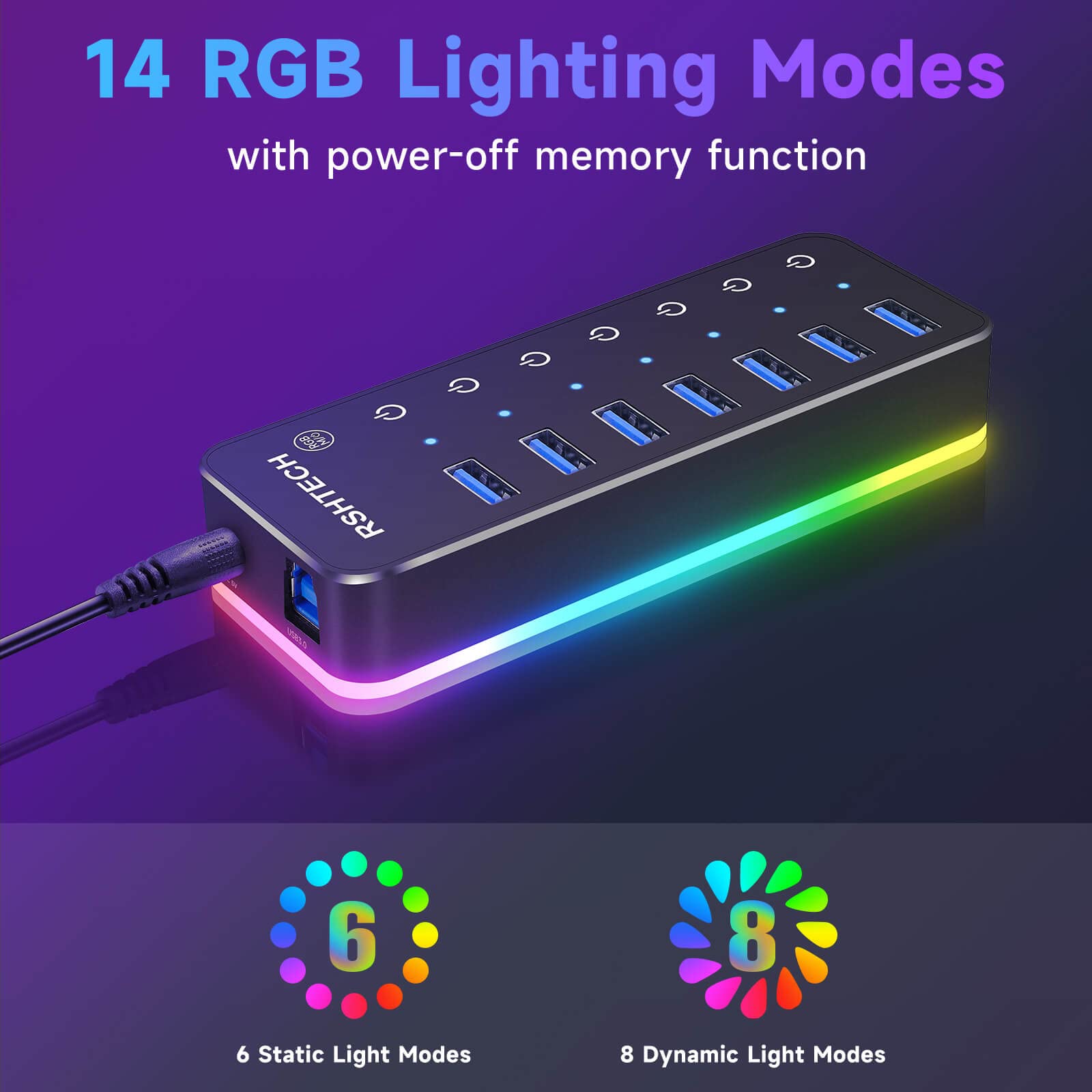 Powered USB Hub, RSHTECH RGB 7 Ports USB 3.0/USB C Hub with 14 Mode RGB LED Strip, Individual Touch Switches, 3.3ft Cable and 5V/4A Power Adapter, Aluminum Gaming USB Hub for PC and Laptop, RSH-518R