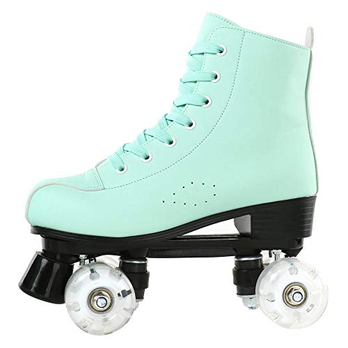 XUDREZ Roller Skates for Women Cozy Green PU Leather High-top Roller Skates for Beginner, Professional Indoor Outdoor Double-Row Roller Skates with Shoes Bag (Flash Wheel,37)