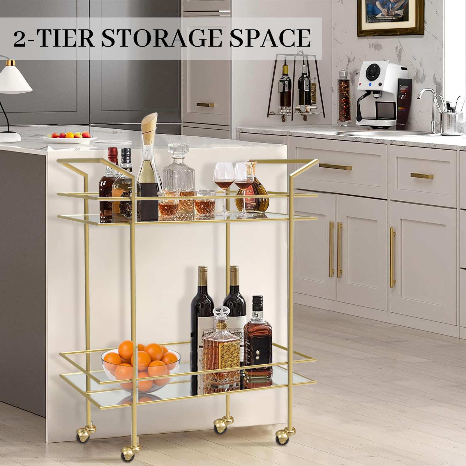 GIFTTROVE Gold Bar Cart for Home, 2 Tier Bar Serving Cart, Rectangular Rolling Bar Cart with 2 Mirrored Shelves, Wine Cart Stand for Kitchen, Living Room