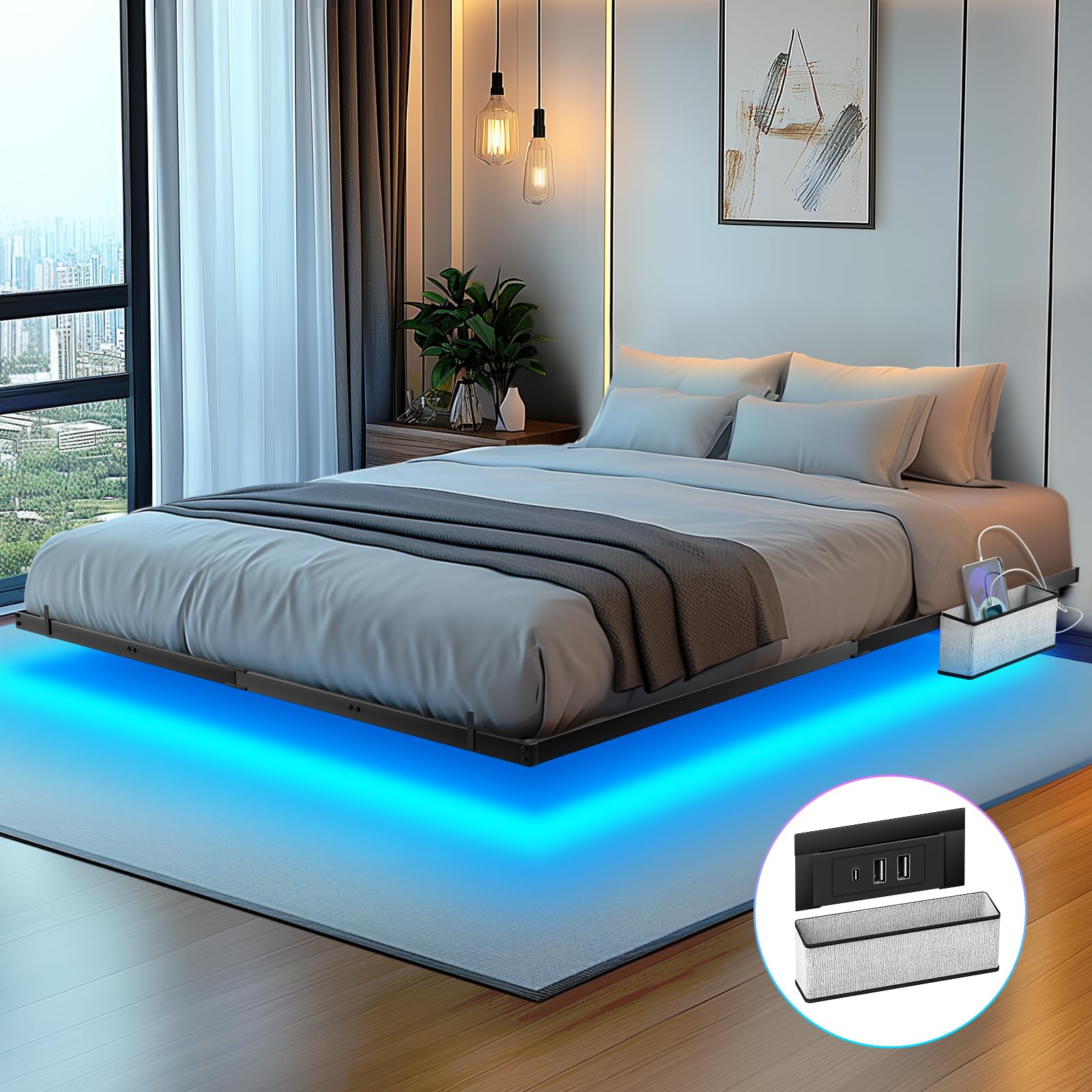 Tatub Queen Floating Bed Frame with Bedside Caddy, LED Floating Bed Frame with Charing Station & 4 Mattress Slide Stopper, Heavy Duty Metal Platform Bed, No Box Spring Needed, Easy to Assemble