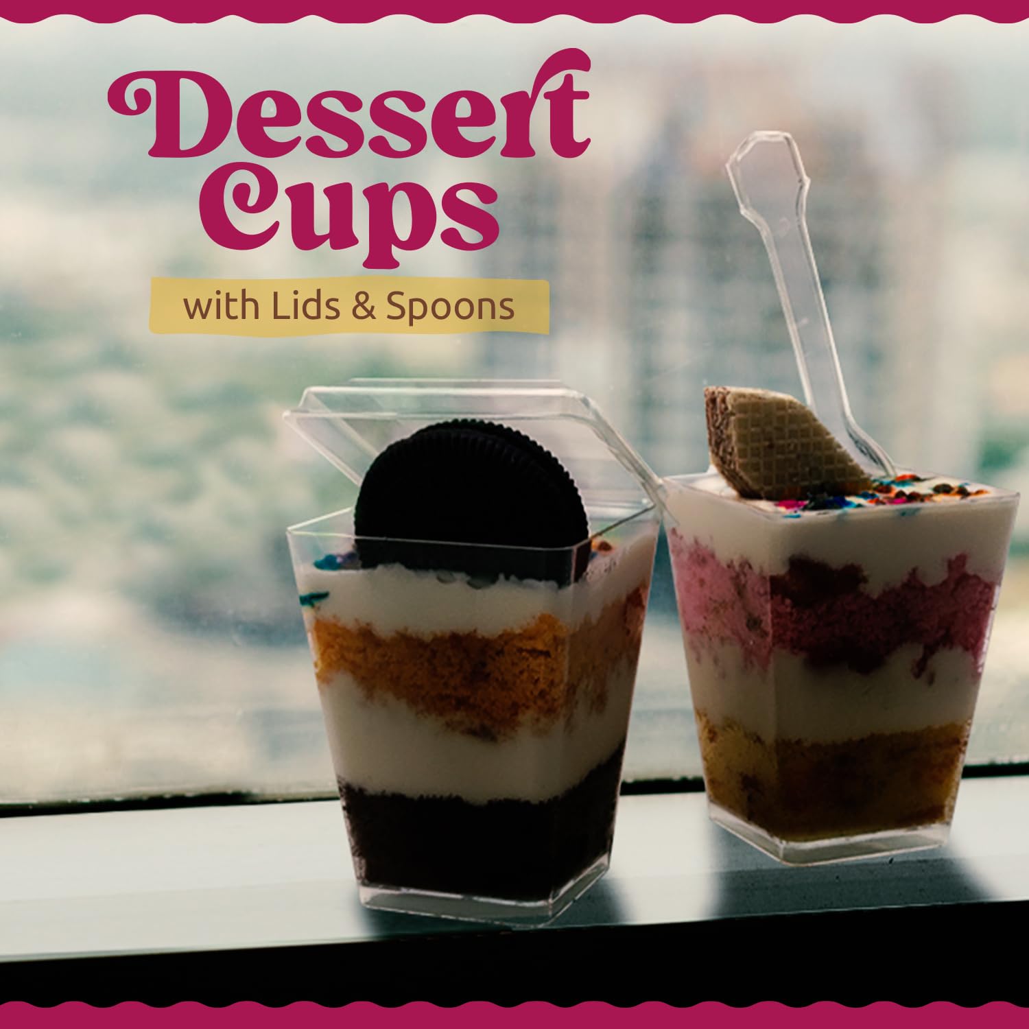 Sammray 5 oz Dessert Cups with Lids and Spoons (100 Pack) β Plastic Parfait Cups for Appetizer and Desserts be it, Mousse, Tiramisu, Pudding, or salads - Perfect for Parties