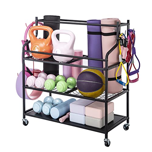 QUSIMI Yoga Mat Equip Storage Rack on Wheel, Dumbbells Kettlebells Workout Storage Weight Rack Cart,Large Home Gym Equipment Multi-use Storage Rack Holder Organizer