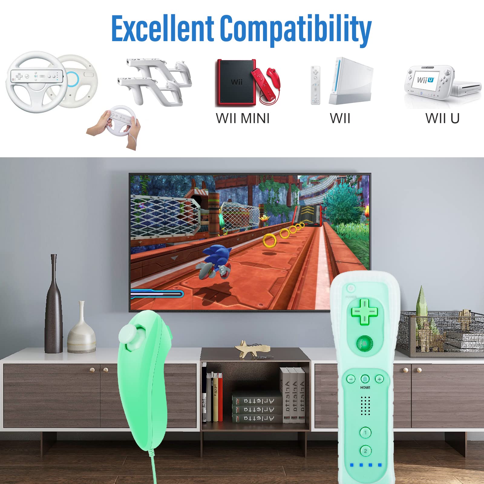 JTao-tec Wii Remote and Nunchuck Controller 2 pack Wii Remote Controller with Silicon Case for Wii and Wii U Aqua Green + Light Blue