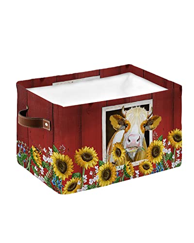 Sunflower Barn Cow Cube Storage Organizer Bins with Handles, 15x11x9.5 Inch Collapsible Canvas Cloth Fabric Storage Basket, Retro Farmhouse Animal Books Kids' Toys Bin Boxes for Shelves, Closet