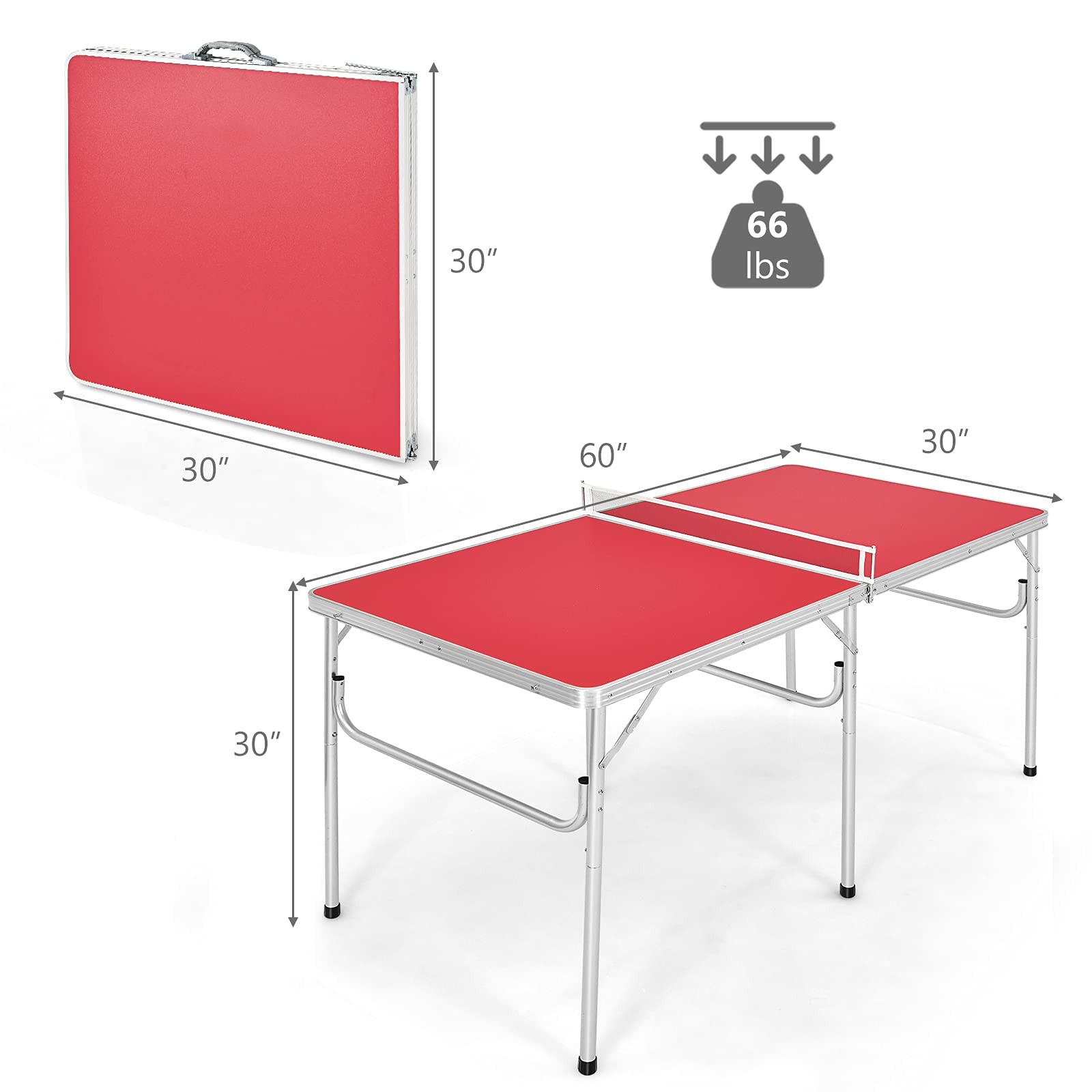 Goplus Foldable Ping Pong Table, 100% Preassembled, Portable Table Tennis Table Game Set with Net, 2 Table Tennis Paddles and Ping Pong Balls for Indoor Outdoor Use (Red-60'')