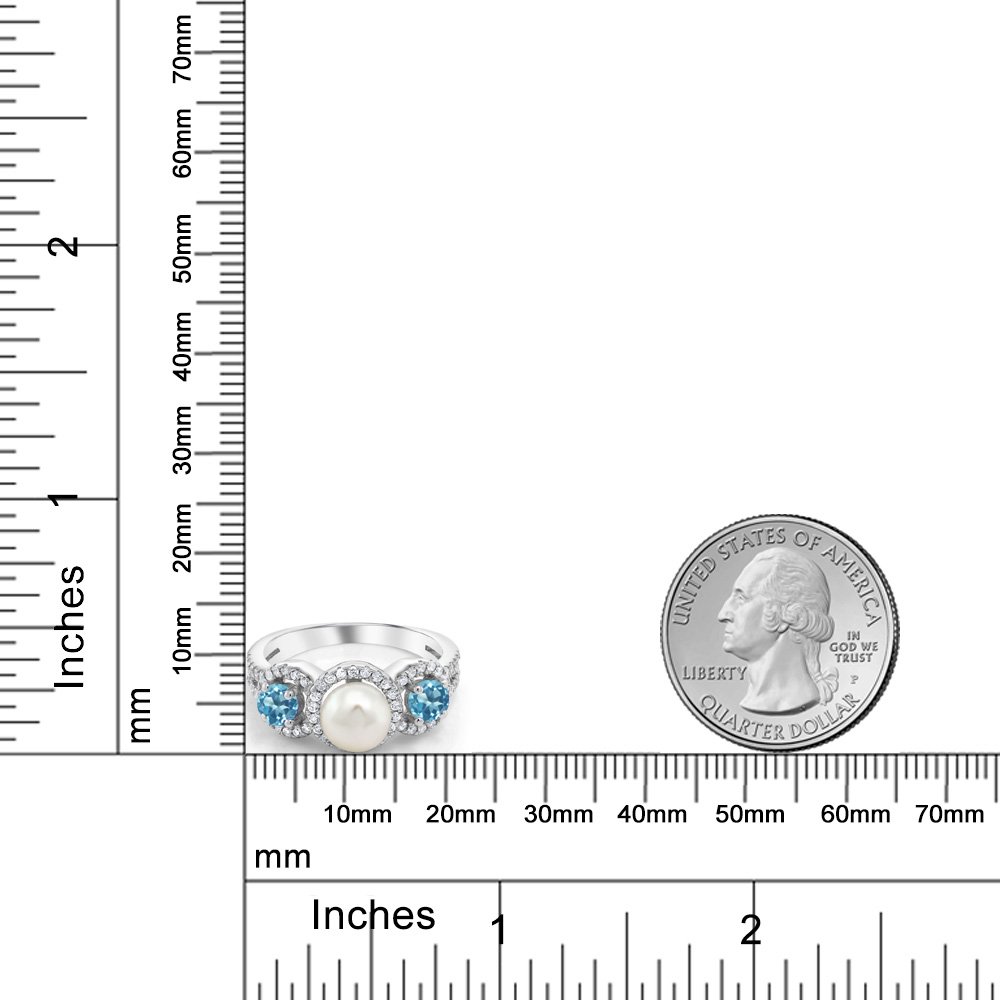 Gem Stone King 925 Sterling Silver Cultured Freshwater Pearl and Swiss Blue Topaz Ring For Women (1.46 Cttw, Gemstone Birthstone, Available In Size 5, 6, 7, 8, 9)