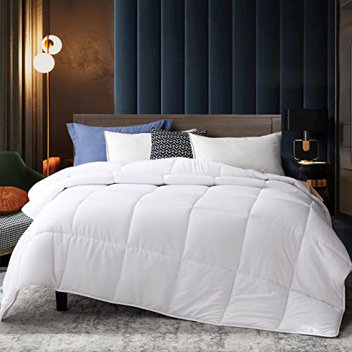White Down Alternative Comforter Queen Size, Polyester Fill Fluffy All Season Comforter Quilt Duvet Insert, Ultra-Soft Brushed Microfiber Fabric Machine Washable(White,90x90Inches)