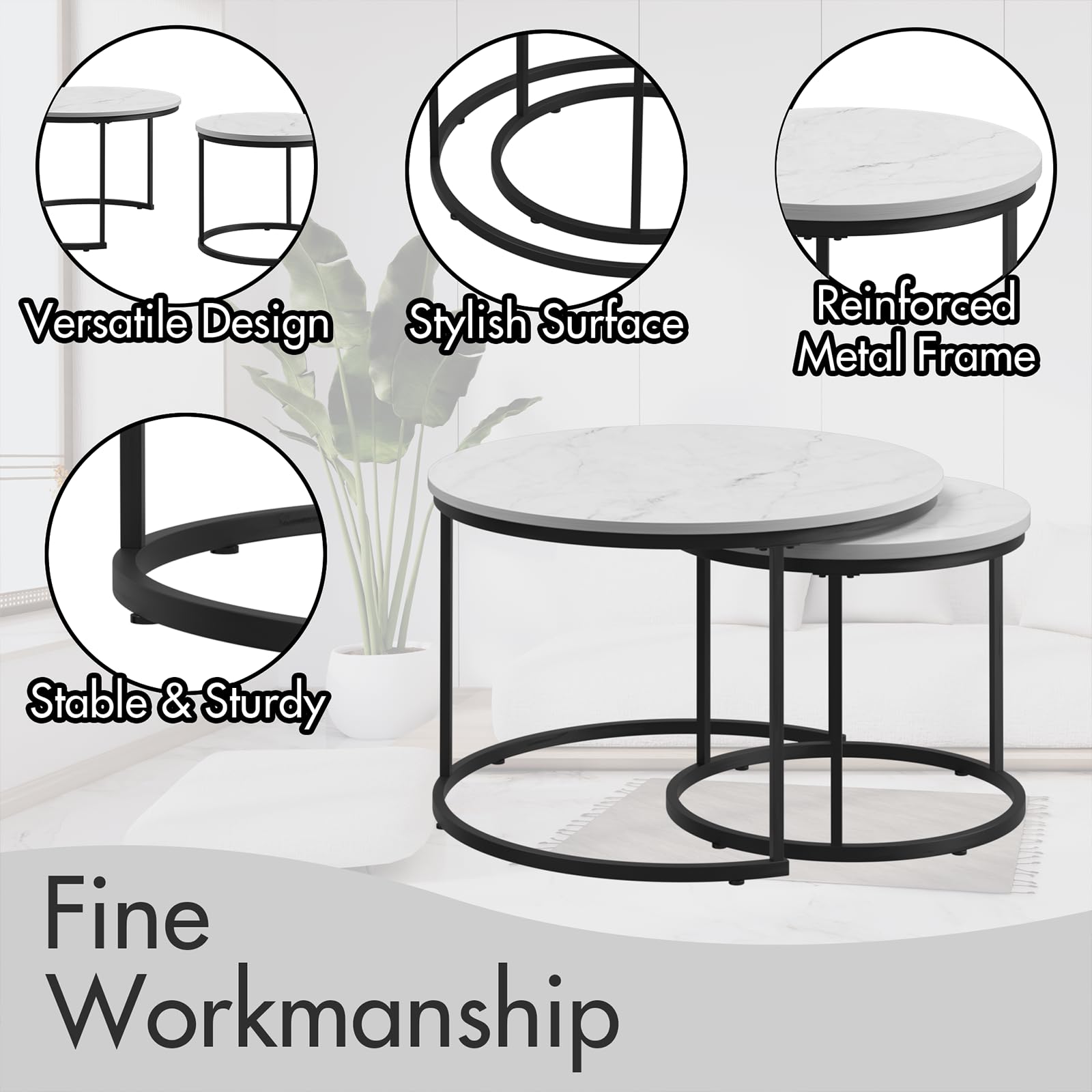 Round Nesting Coffee Table Set of 2, 27.6 inch White Marble Pattern Wooden Table Top with Sturdy Black Metal Frame, Circle End Table Side Tables for Living Room