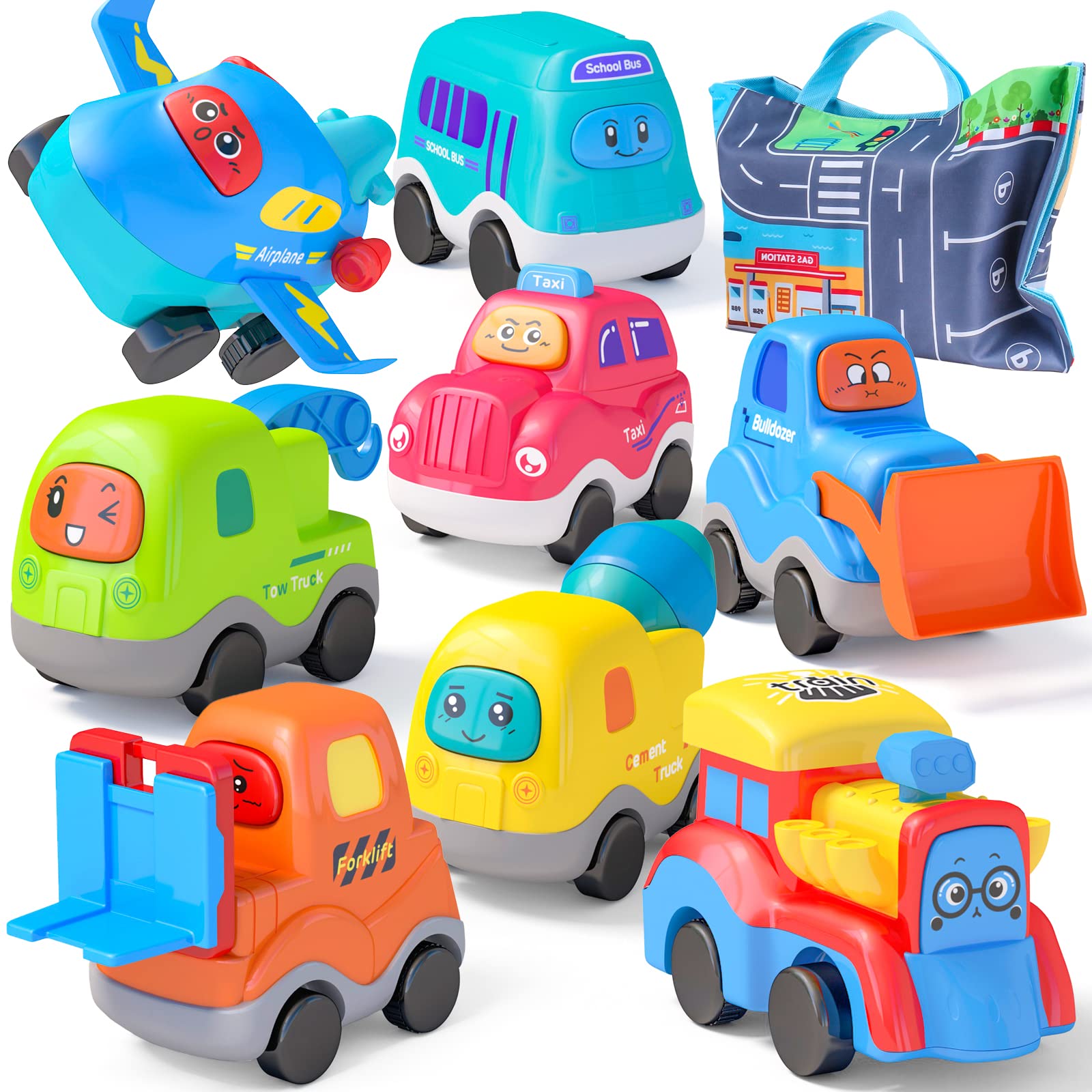 XQW Baby Toy Inertia Cars for Toddlers 1-3, 8 Pcs Push and Go Car Toys with Storage Bag, Kids Toys Car for Girls Boys,Educational Toys for 1 2 3 4 5 Year Old Boys Girls, Gift for Toddlers