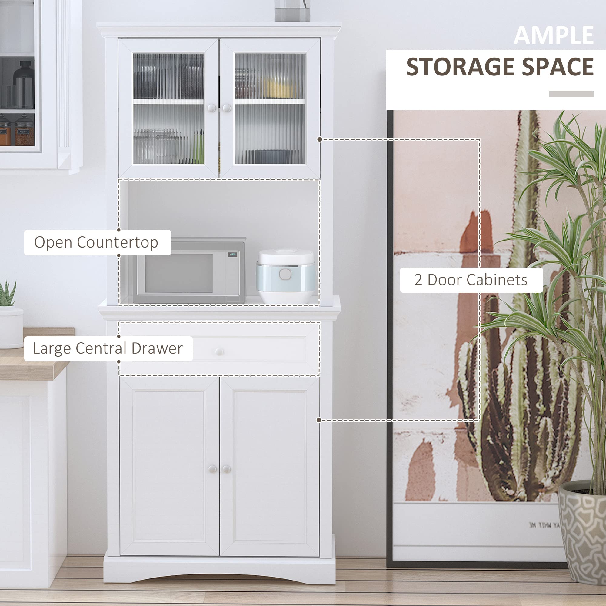 HOMCOM 71" Traditional Freestanding Kitchen Buffet with Hutch, Pantry Cabinet with 4 Doors, 3-Level Adjustable Shelves, and 1 Drawer, White