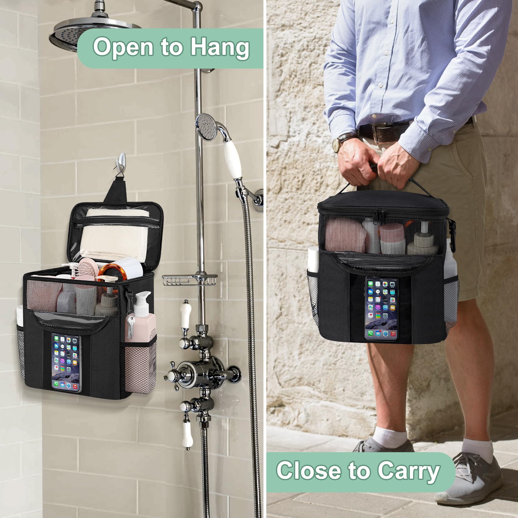 Portable Shower Caddy Dorm, Large Capacity Shower Caddy Tote Bag for College Dorm Room Essentials, Quick Dry Hanging Toiletry Bag for College Student Bathroom Camping Gym Travel Essentials (Black)
