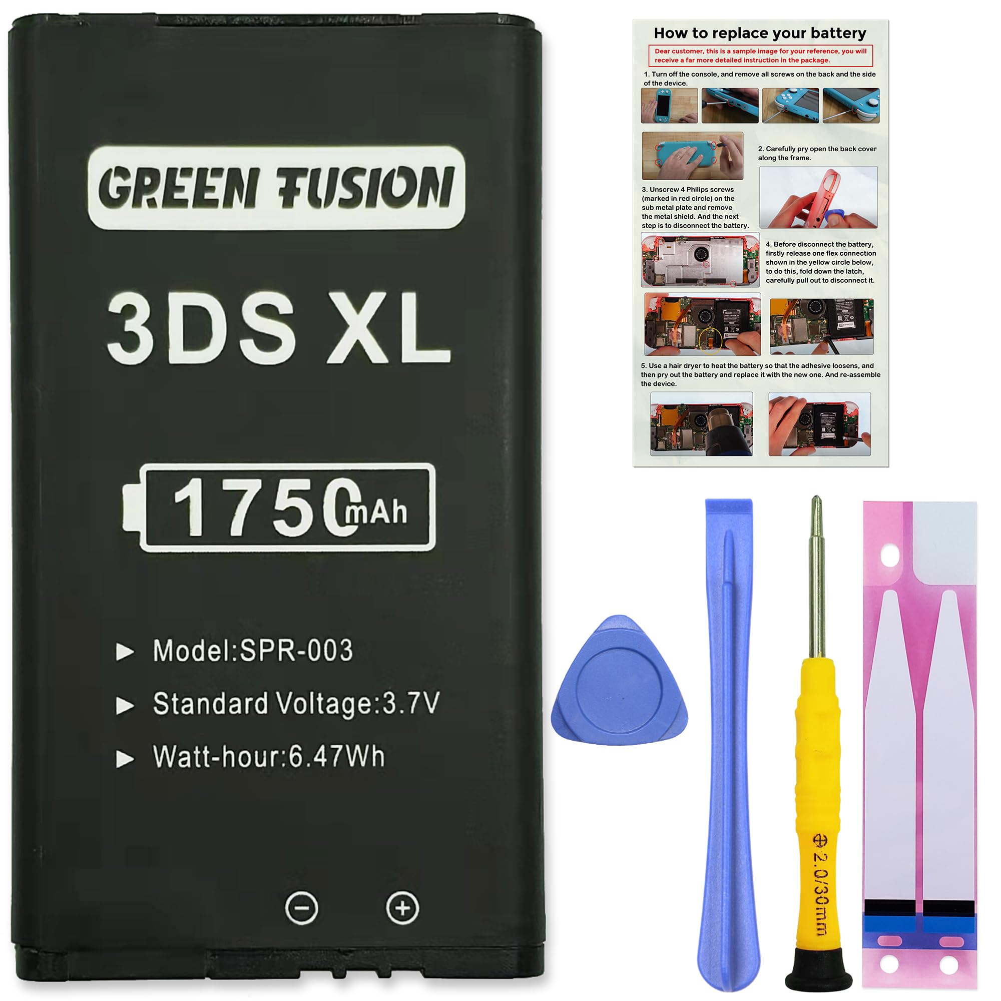 GREEN FUSION Upgraded 3DS XL & New 3DS XL Battery Replacement with Video Tutorial & Installation Manual SPR-003 Battery