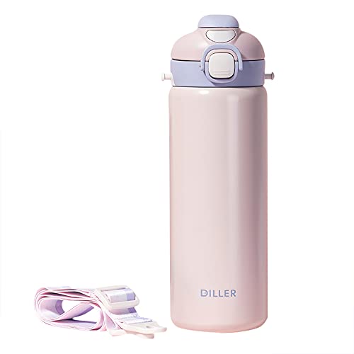 Qengyeen Insulated Water Bottles Stainless Steel Metal Kids Thermos Water Bottle with Straw and Strap for Girls Boys for School Gifts,24ounce,pink