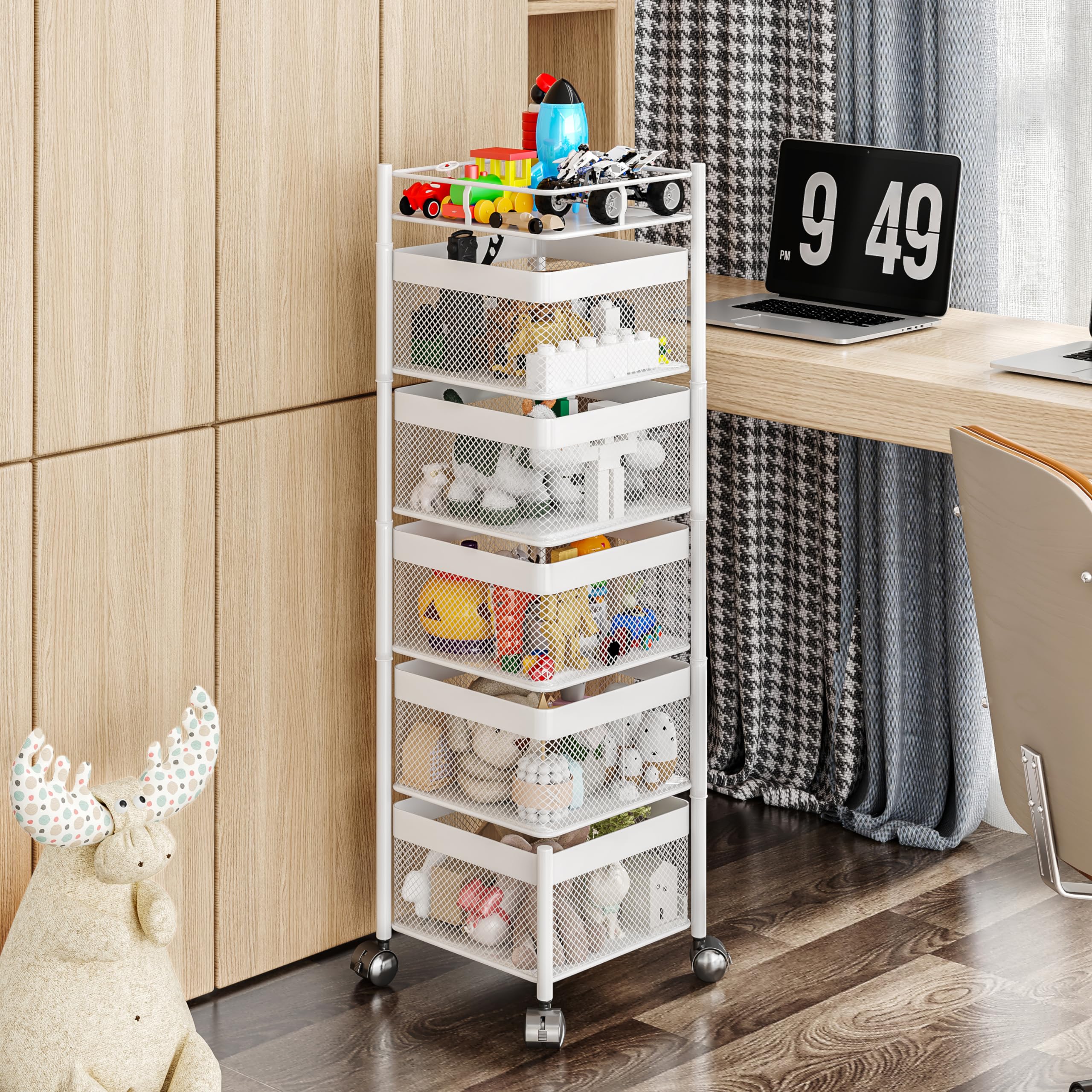 xinyourui Fruit Basket for Kitchen No Assembly,Rotating Kitchen Storage Rack,Bathroom Shelf, Organizers and Storage Cart on Rolling Wheels,Potato and Onion Storage Organizer(White, 5 Tier-Square)