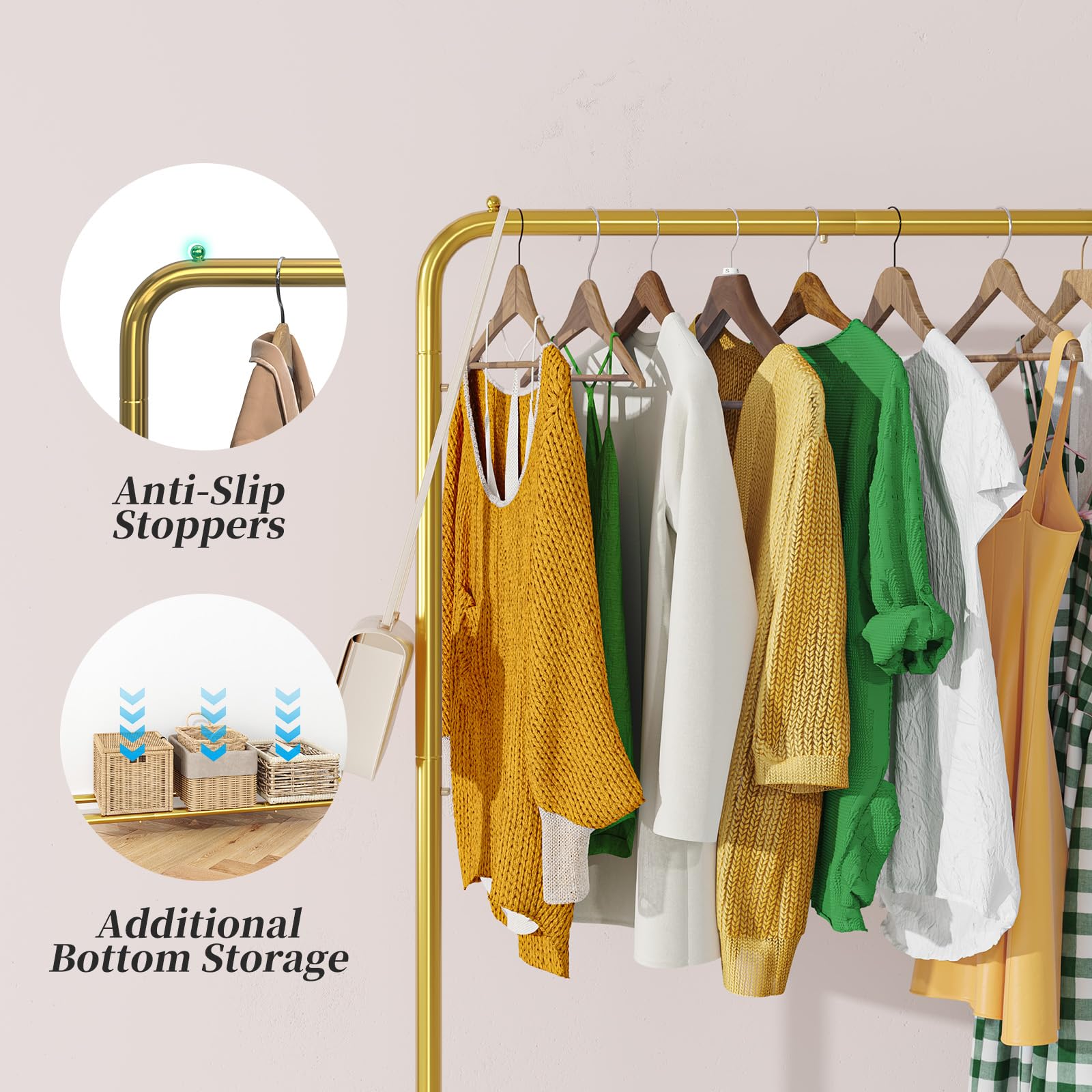 Simple Trending Standard Clothes Clothing Garment Rack with Storage Shelves, Rolling Clothes Organizer on Wheels for Hanging Clothes, Golden Yellow