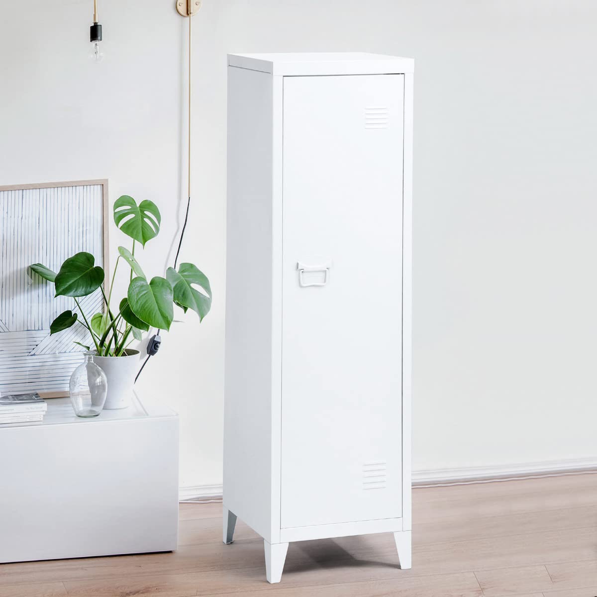 FurnitureR 54.1" High Standing Metal Cabinet Storage Organizer Console Stand 3-in-1 Shelves Removable, for Gym,Library,Office, White