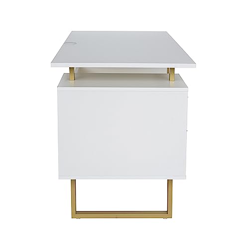 Techni Mobili Storage Drawers and Cabinet 51.25β W-Modern Office Large Floating Desktop Surface Desk, 23.6" D x 51.2" W x 29.8" H, White/Gold